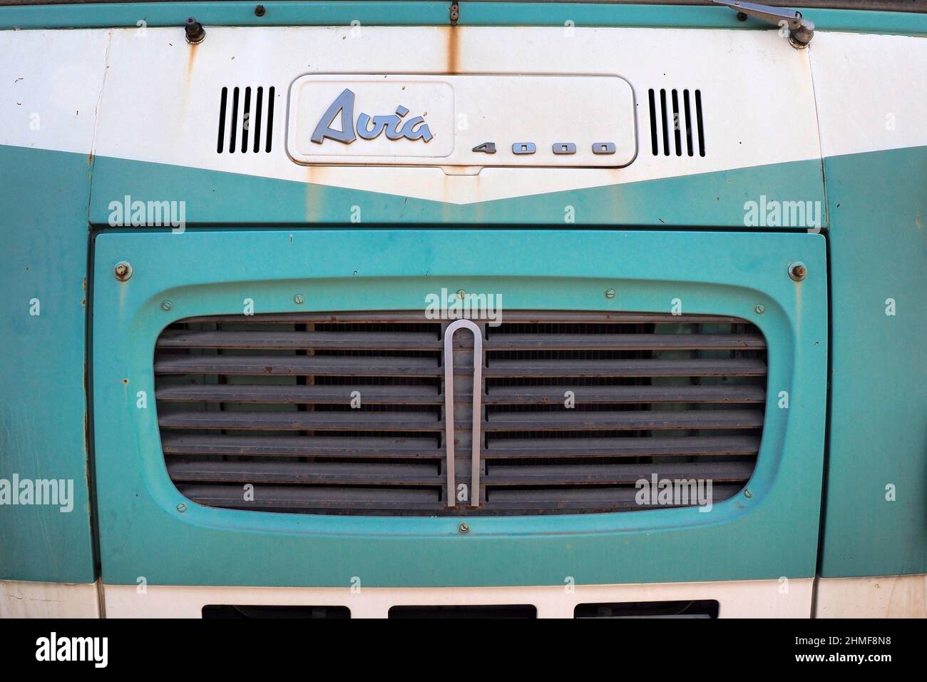 Front view of mint green Avia van, radiator grille, scrap car, scrap ...