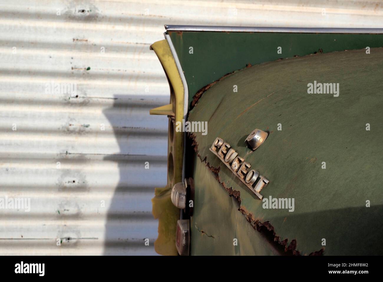 Rear end of old Peugeot in front of corrugated sheet metal, historical ...