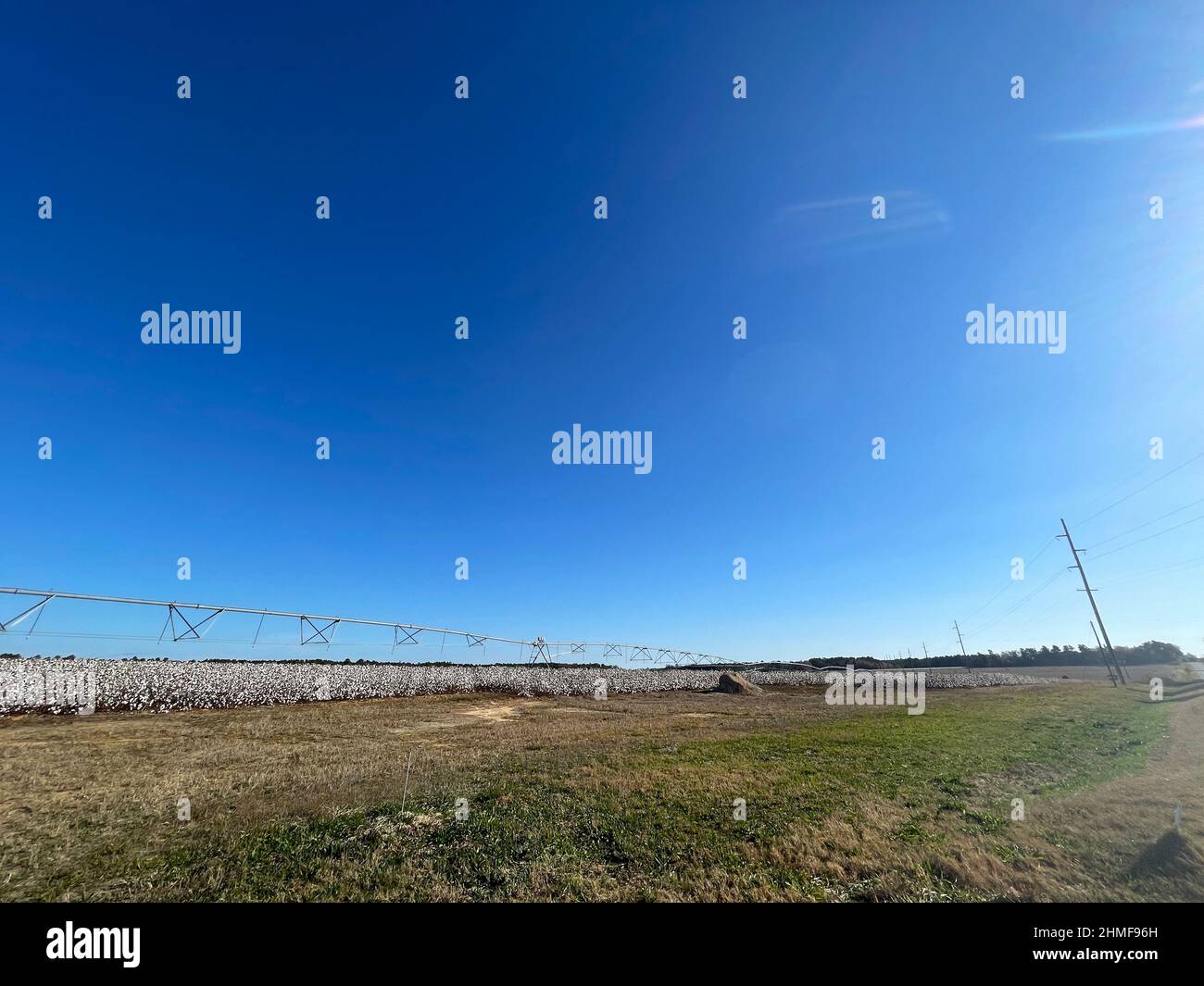 Clear blue sky and farmland with irrigation machine on a cotton ...