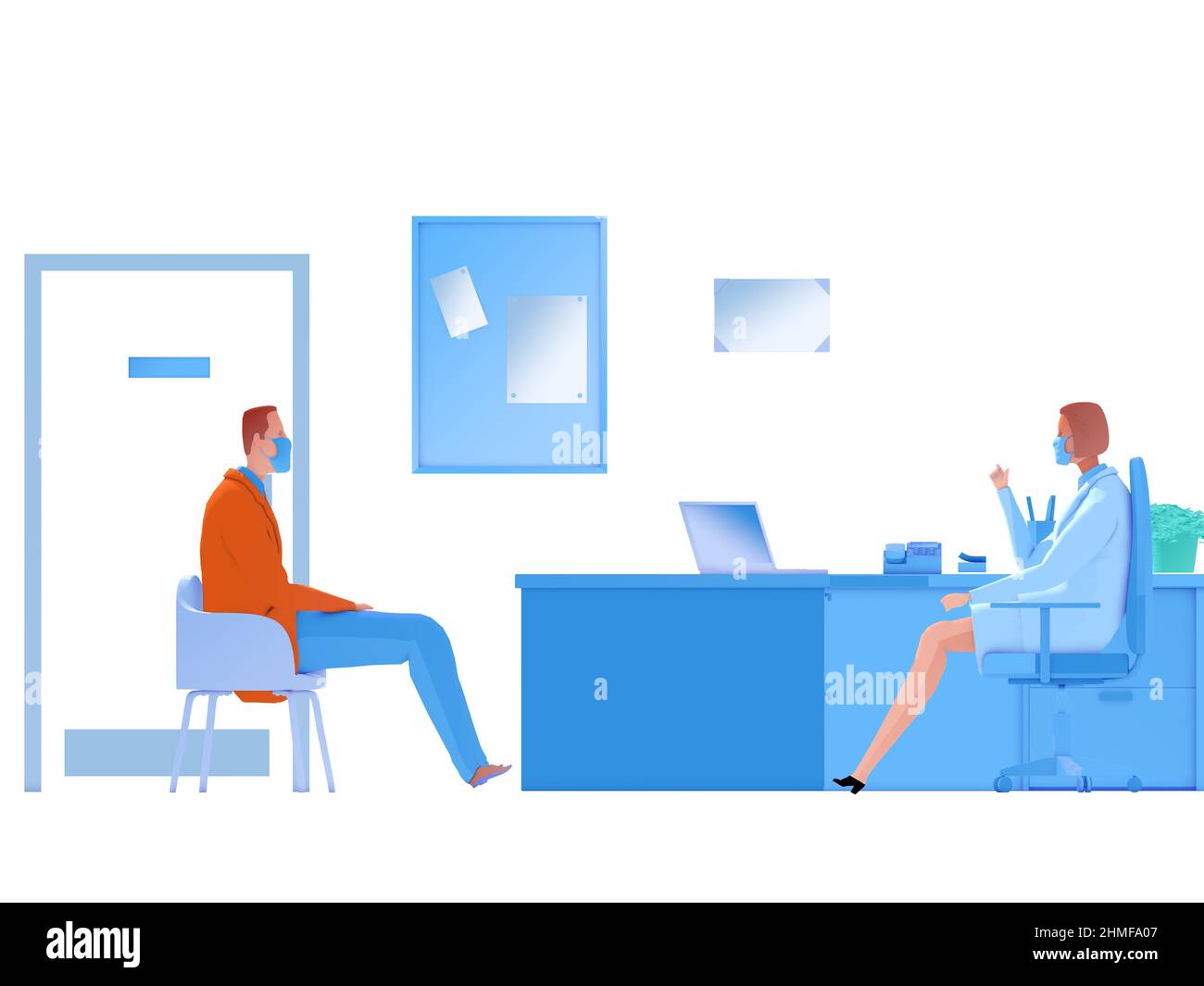 Illustration of a doctor in his office attending to a patient, hospital ...