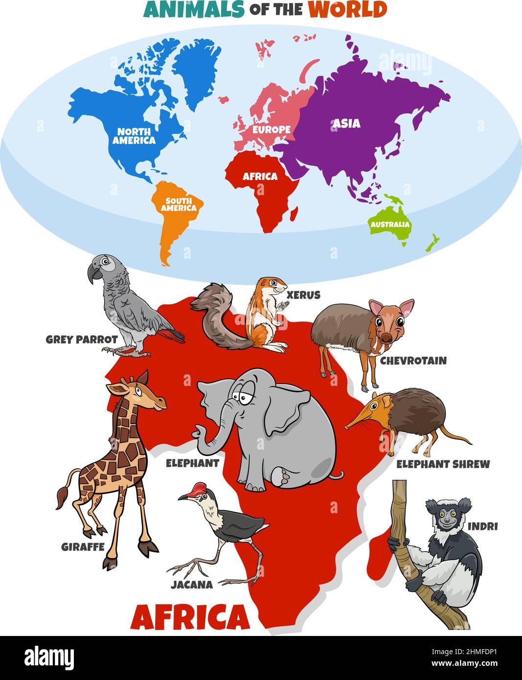 Educational illustration with cartoon African animal species and world ...