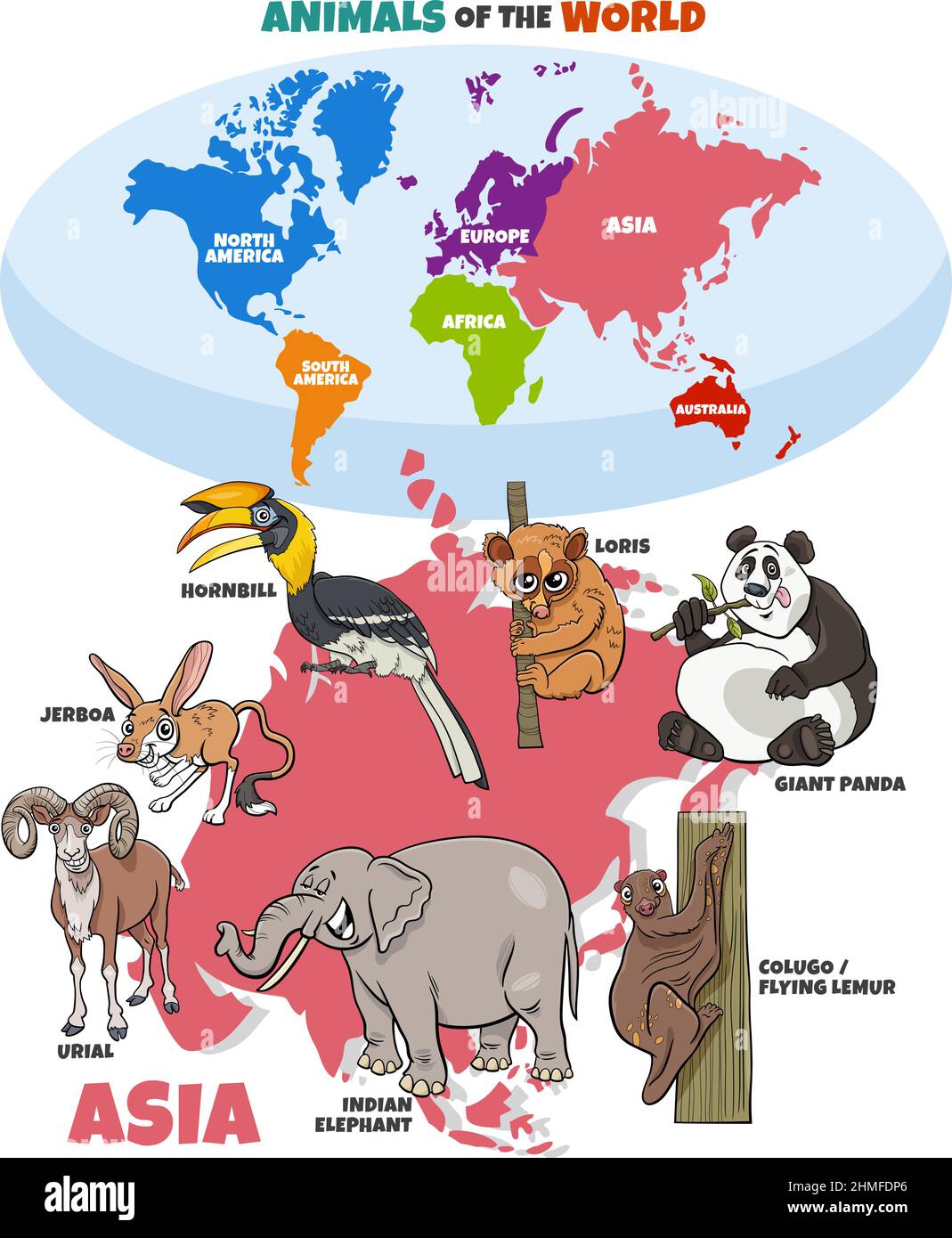 Educational illustration with cartoon Asian animals and world map with ...
