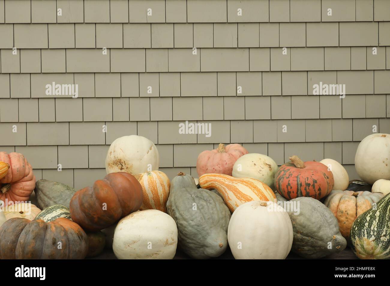 a pile of different colored gourds and pumpkins against a tan shingled ...
