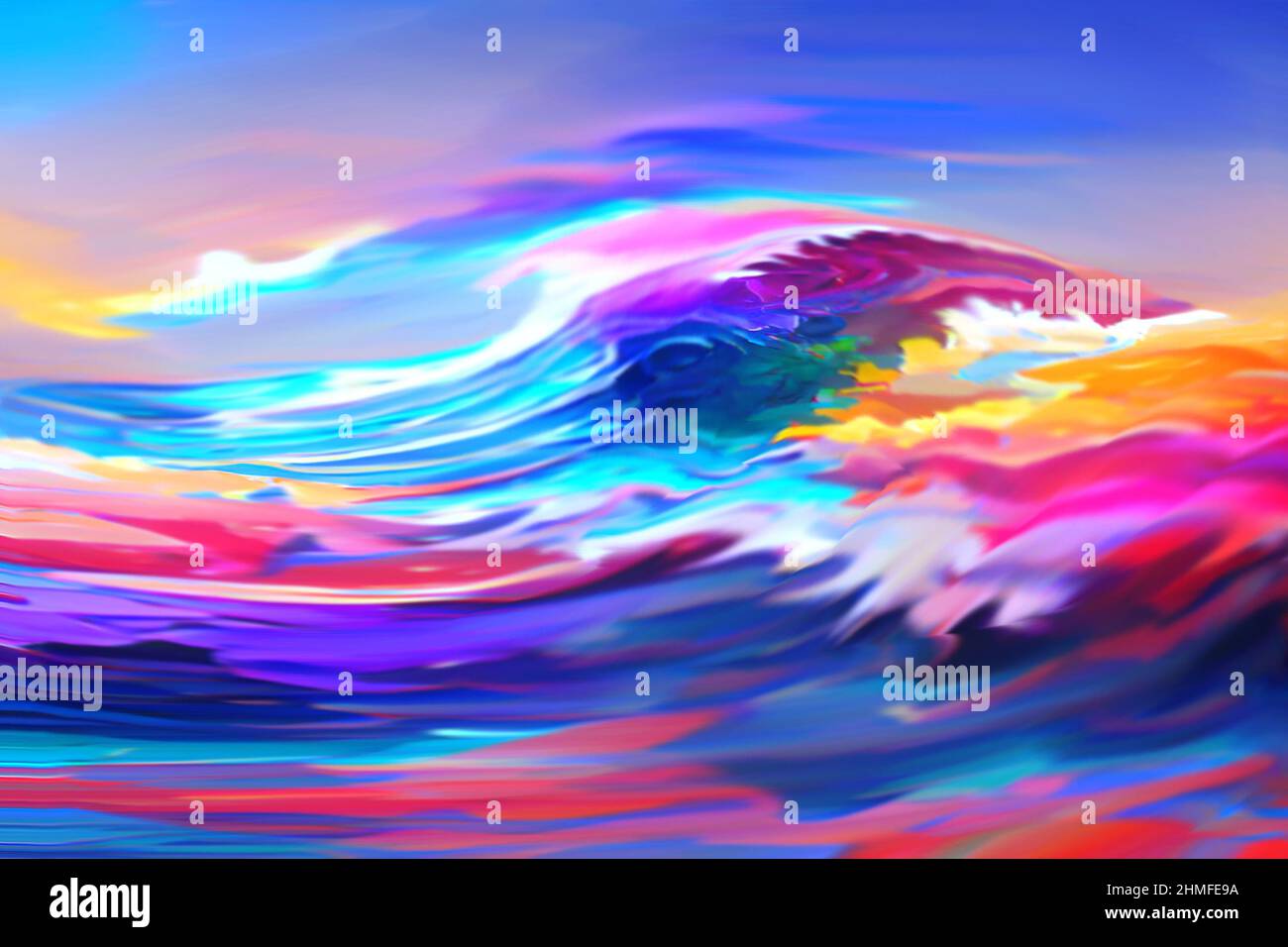 Brightly colored softly painted waves rippling across the canvas ...