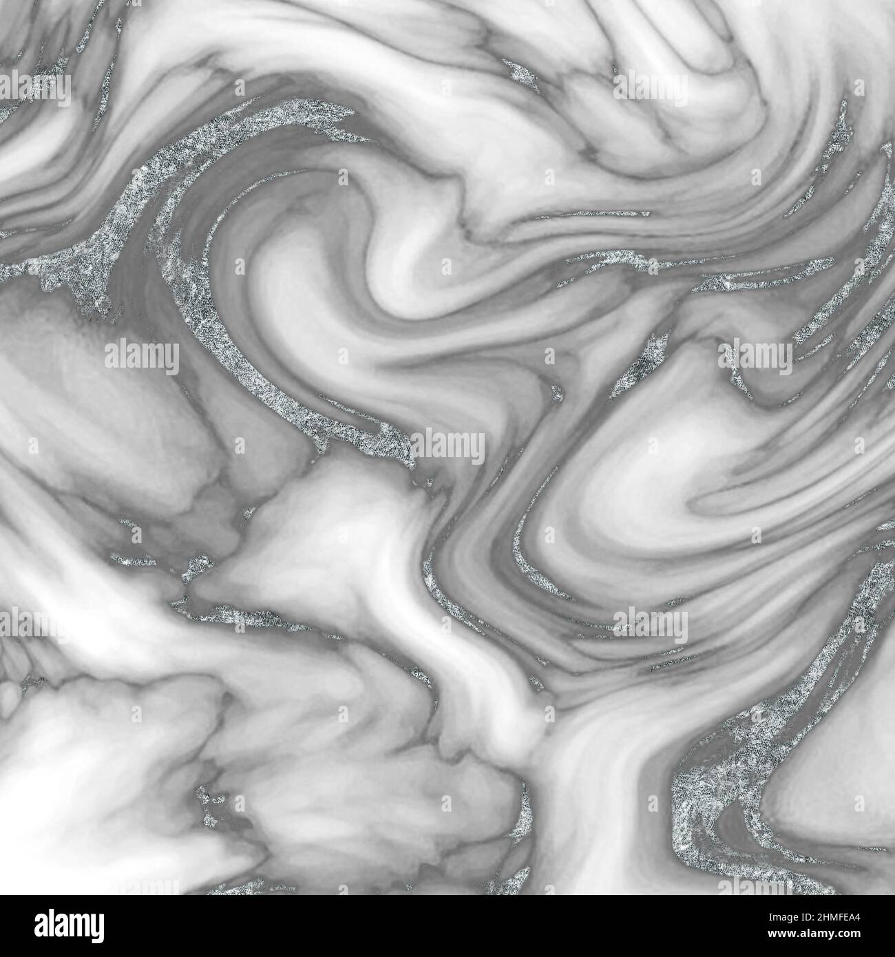 Liquid abstract fluid painting in grey with streaks of silver metallic ...