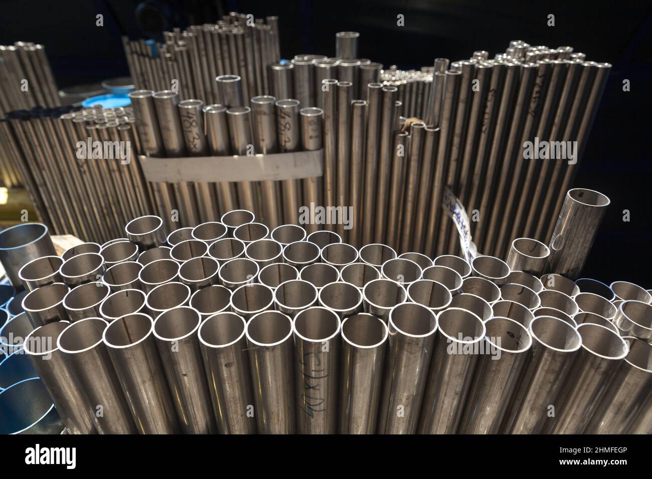 metal pipes on stack, close up Stock Photo - Alamy