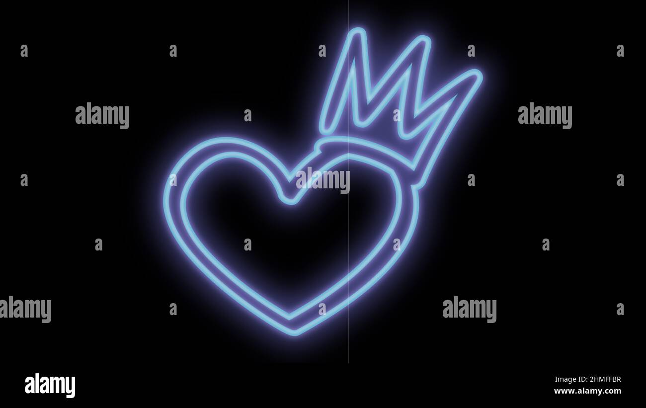 Illustration of a blue neon heart with a crown on a black background ...