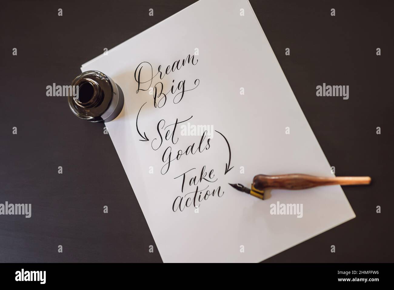 dream big set goals take action. Calligrapher Young Woman writes phrase ...