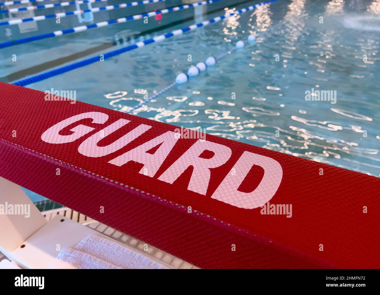 Top View of the white lifeguard chair with life saving equipment and ...