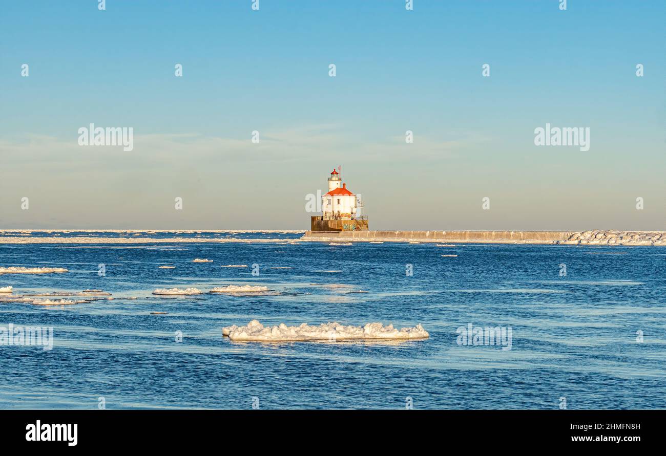 Superior Entry Lighthouse on Wisconsin Point during winter Stock Photo ...