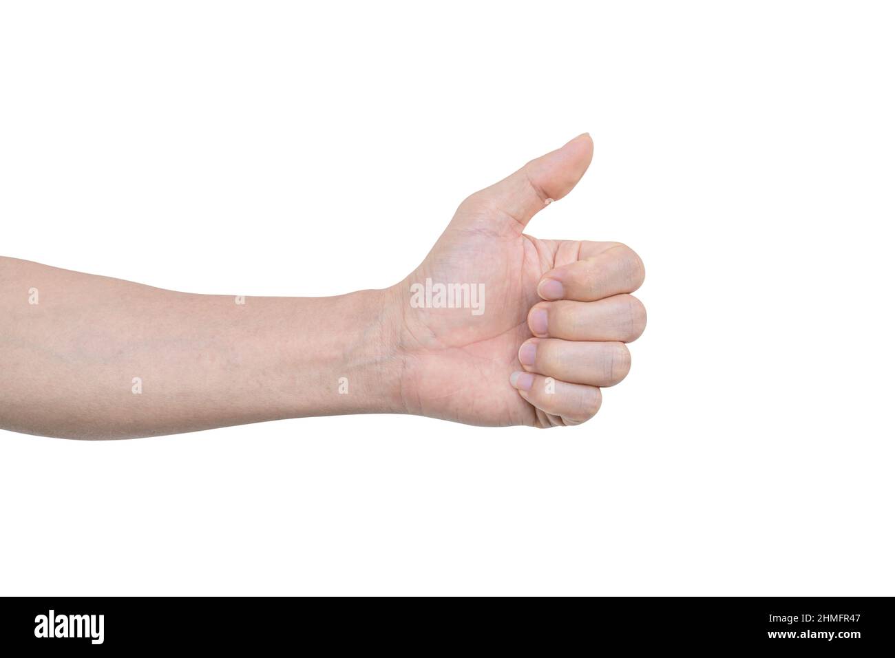 Closeup of male hand showing thumbs sign isolated on white background ...