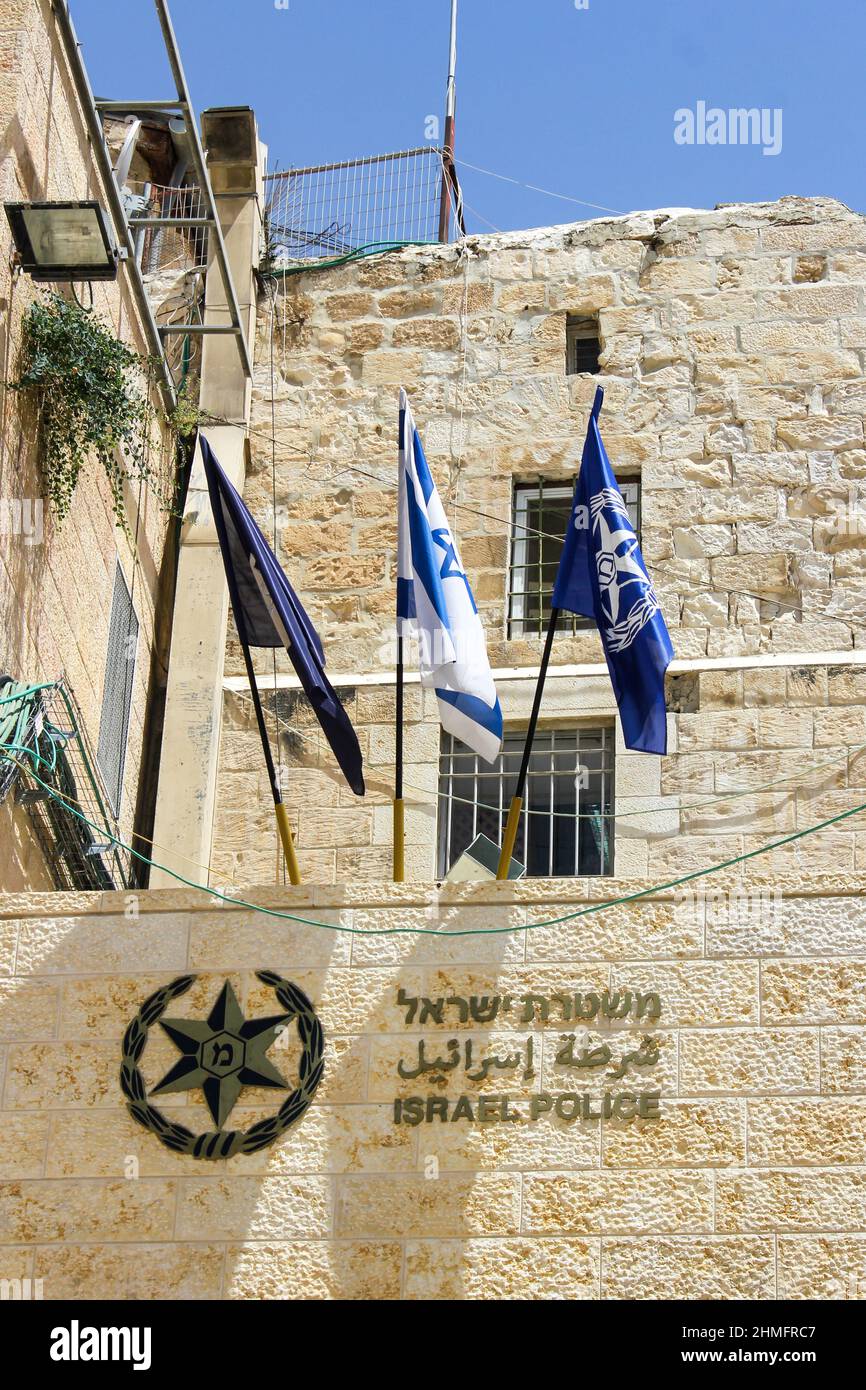 Flags flying at the Israel Police Western Wall station in Jerusalem ...