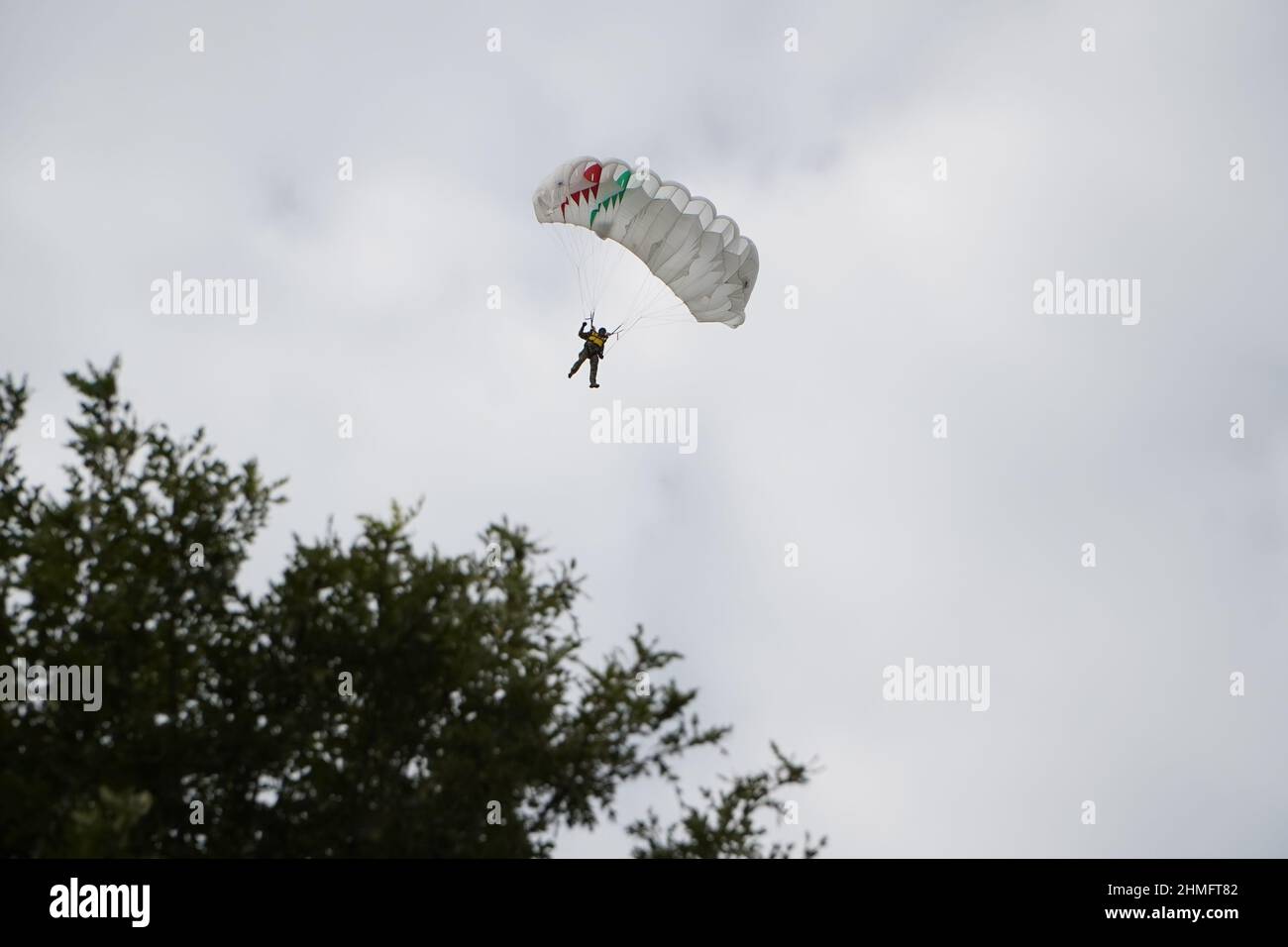 Sportsman landing near green trees with a parachute in a gray cloudy ...