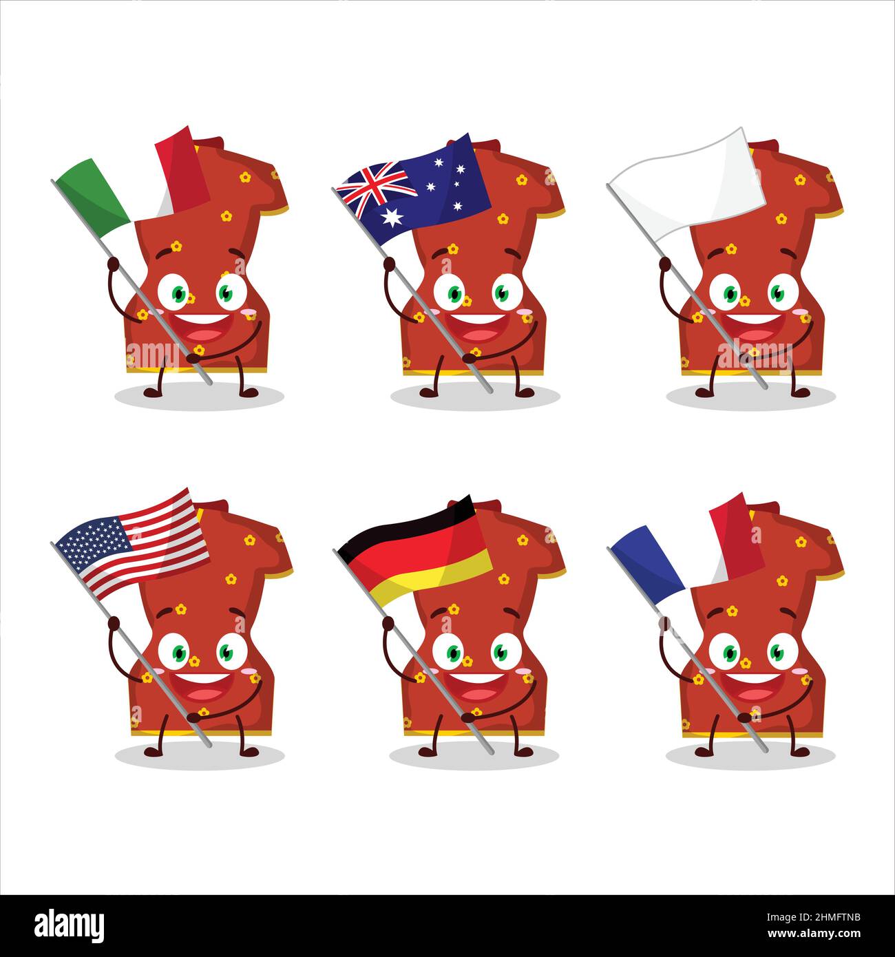 Red Clothing Of Chinese Woman Cartoon Character Bring The Flags Of