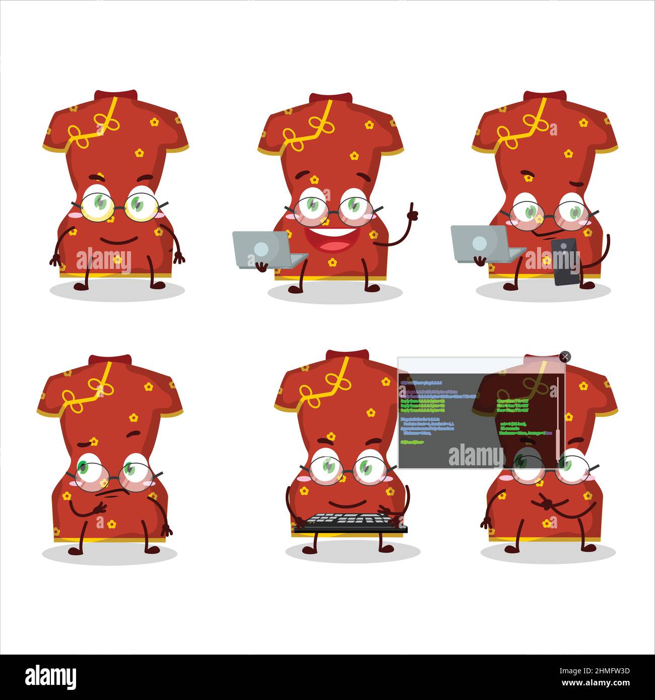 Red clothing of chinese woman Programmer cute cartoon character with ...