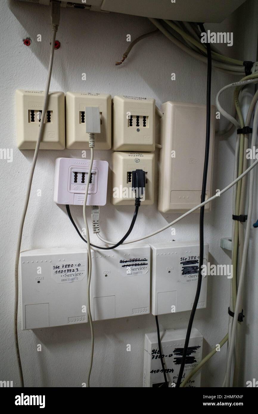on one wall are many analog telephone connections Stock Photo - Alamy