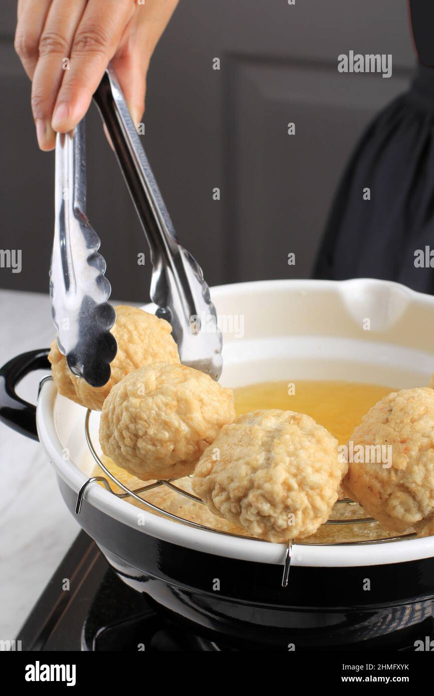 Process Frying Baso Goreng or Chinese Fried Meatball, Frying Bakso ...