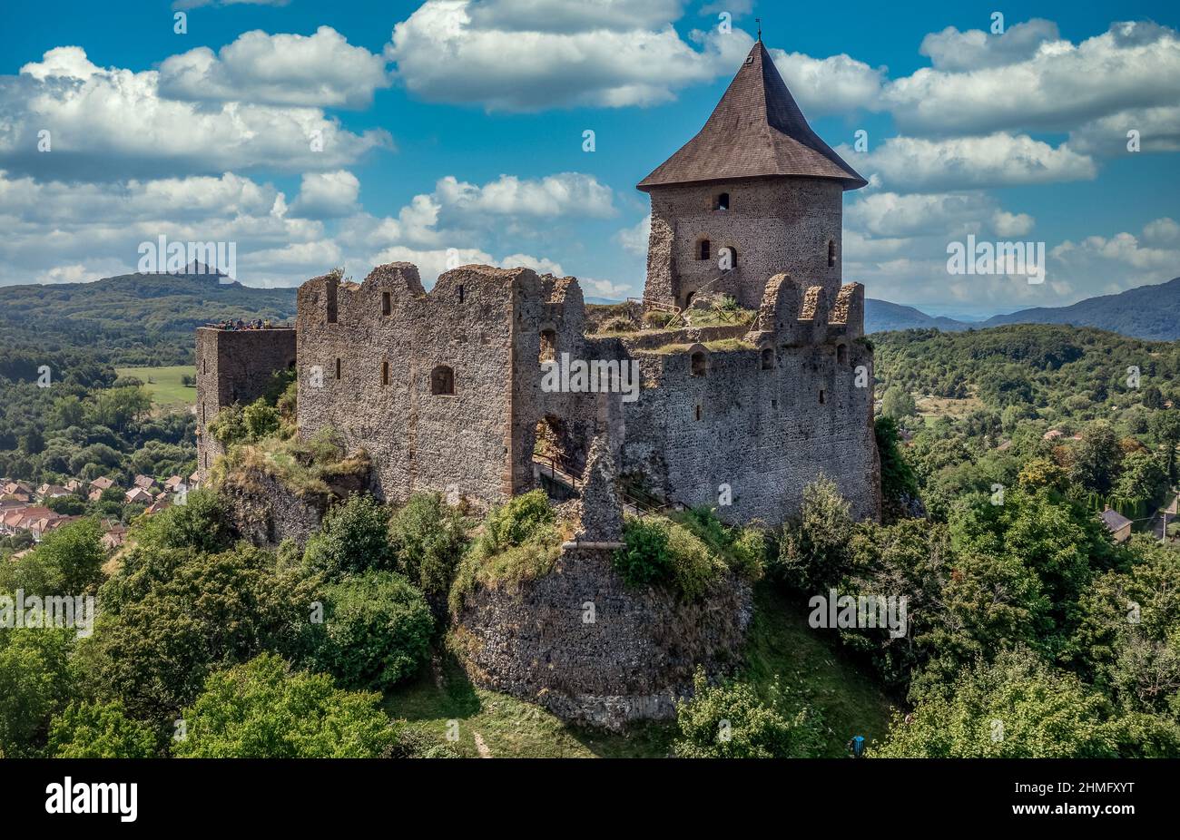 Aerial top down view of Somosko medieval castle between Slovakia and ...
