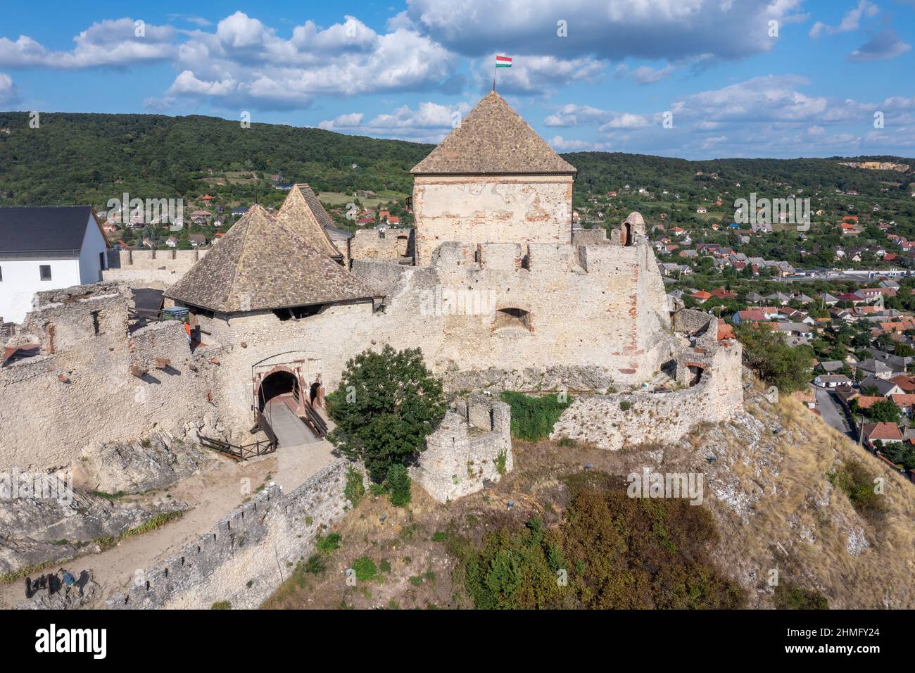 Close up aerial view of the gate tower and donjon o medieval Sumeg ...