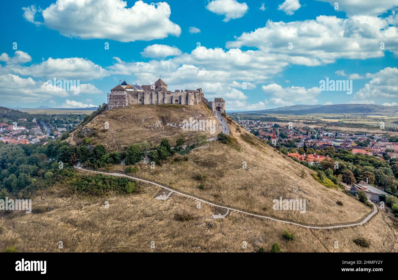 Aerial view of Sumeg castle near lake Balaton in Hungary with ...