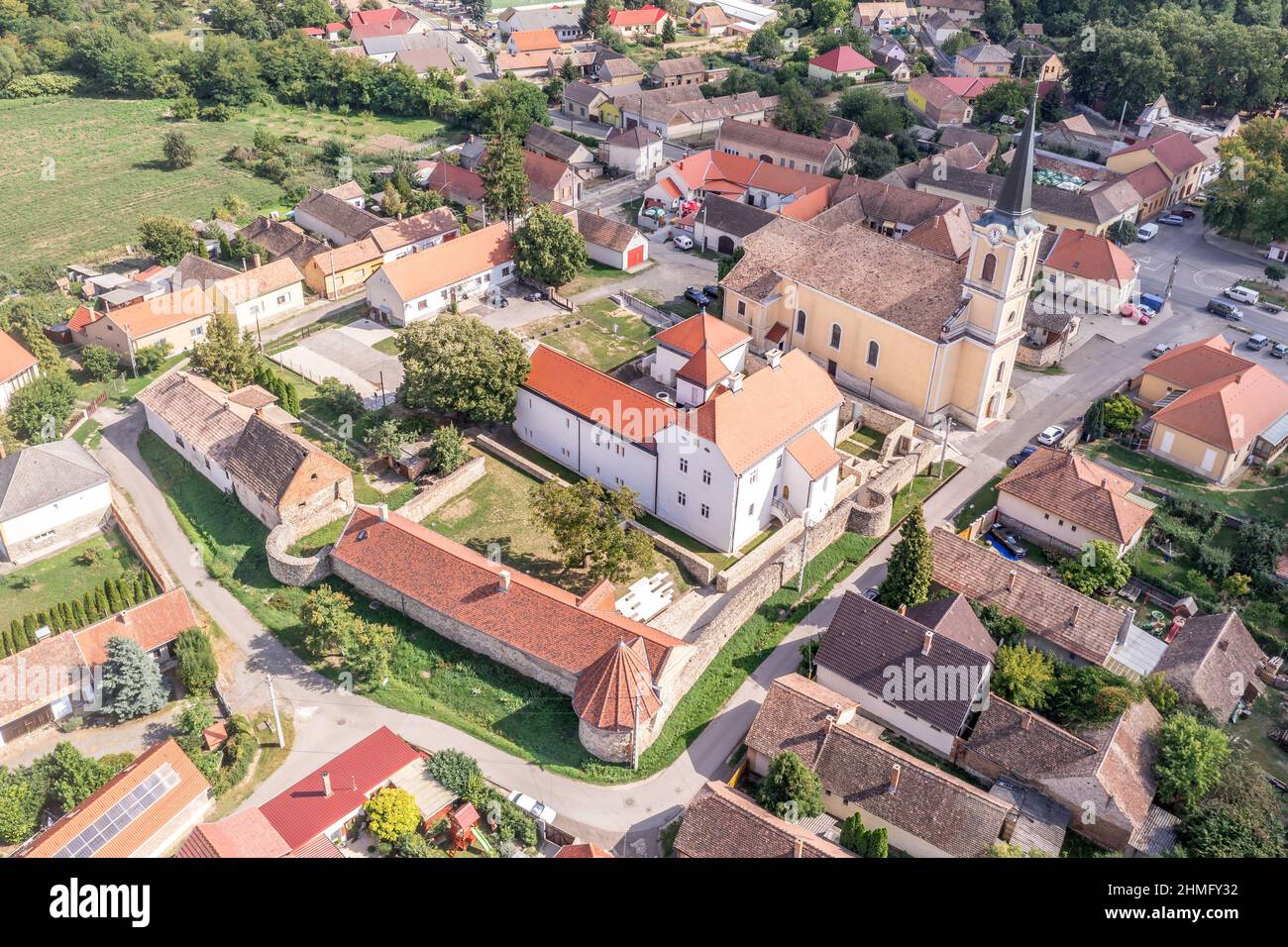 Aerial view of Szaszvar medieval castle and fortified manor house, with ...