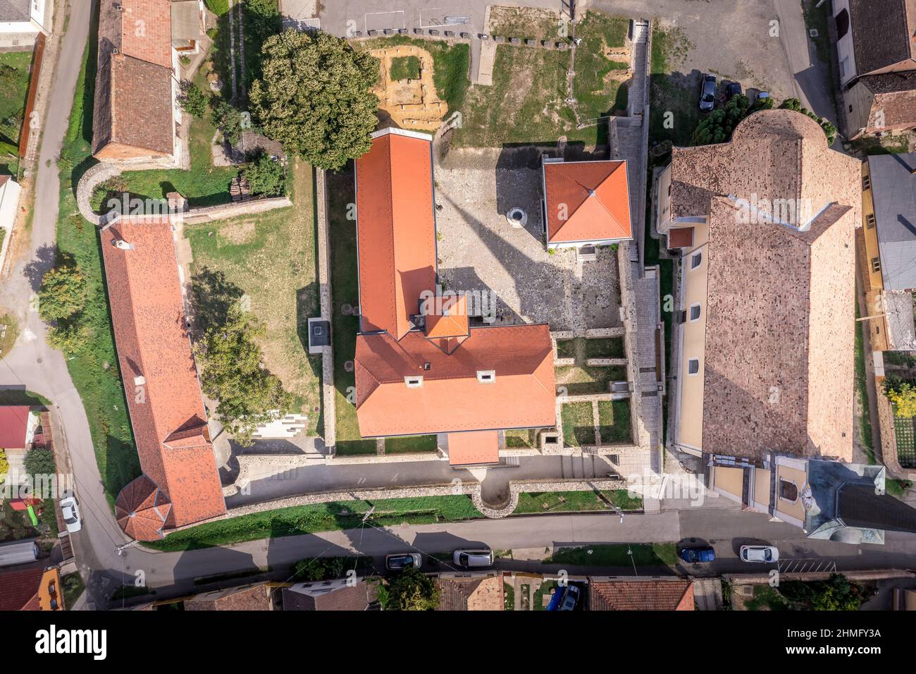 Aerial top down bird eye view of Szaszvar medival castle and fortified ...