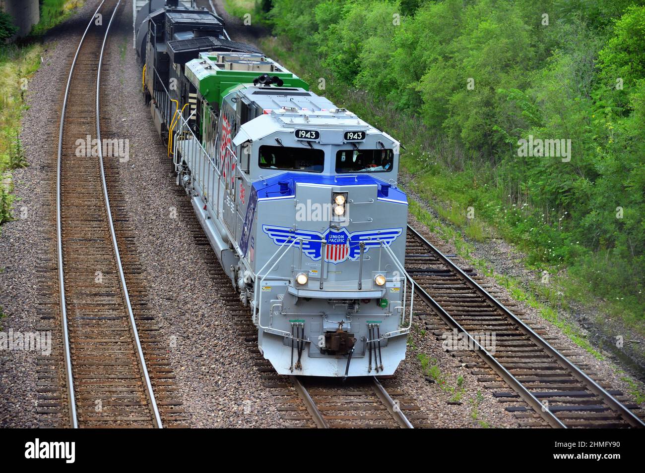 Wheaton, Illinois, USA. Two locomotives, including a specially painted ...