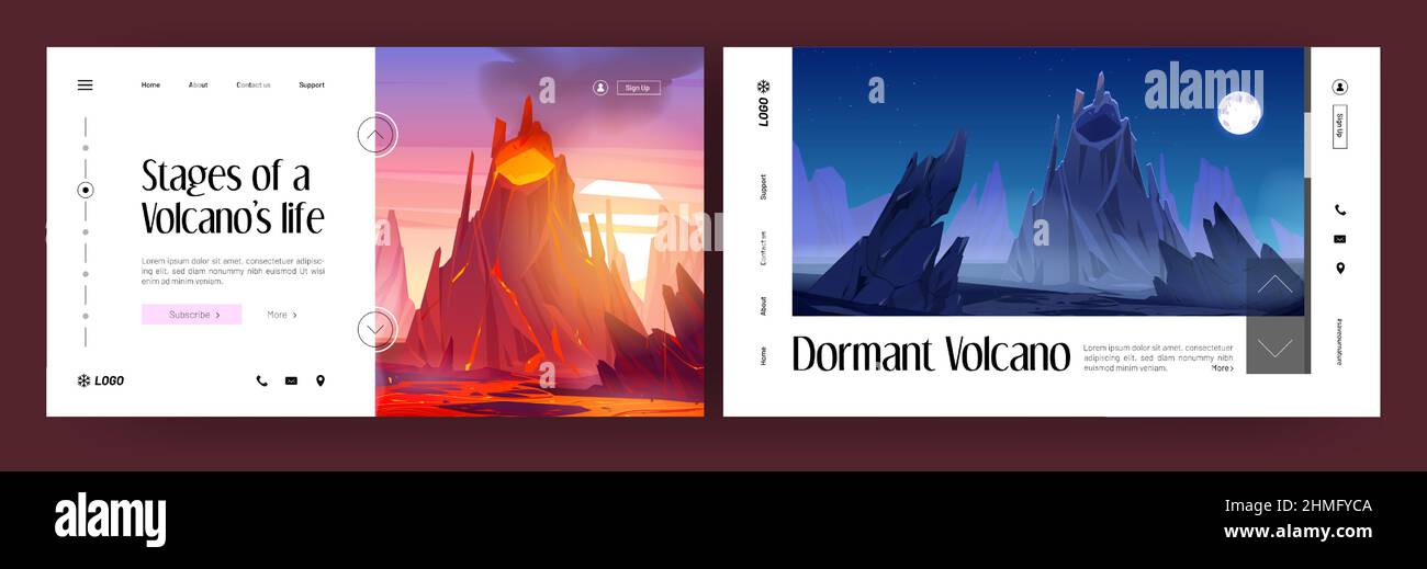 Banners of active and dormant volcanoes. Vector landing pages of ...