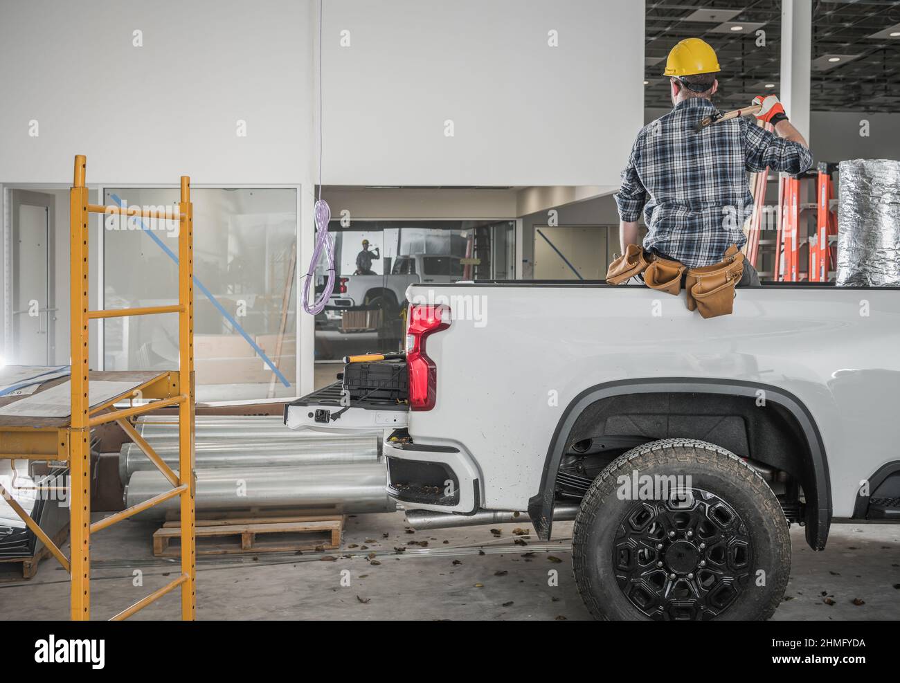 Caucasian Construction Contractor Worker with Large Hummer Taking Short ...