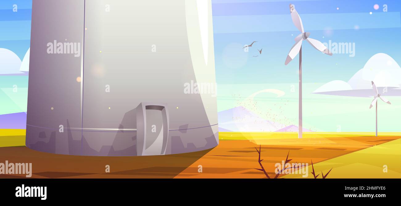Sustainable energy farm with wind turbines. Vector cartoon illustration ...