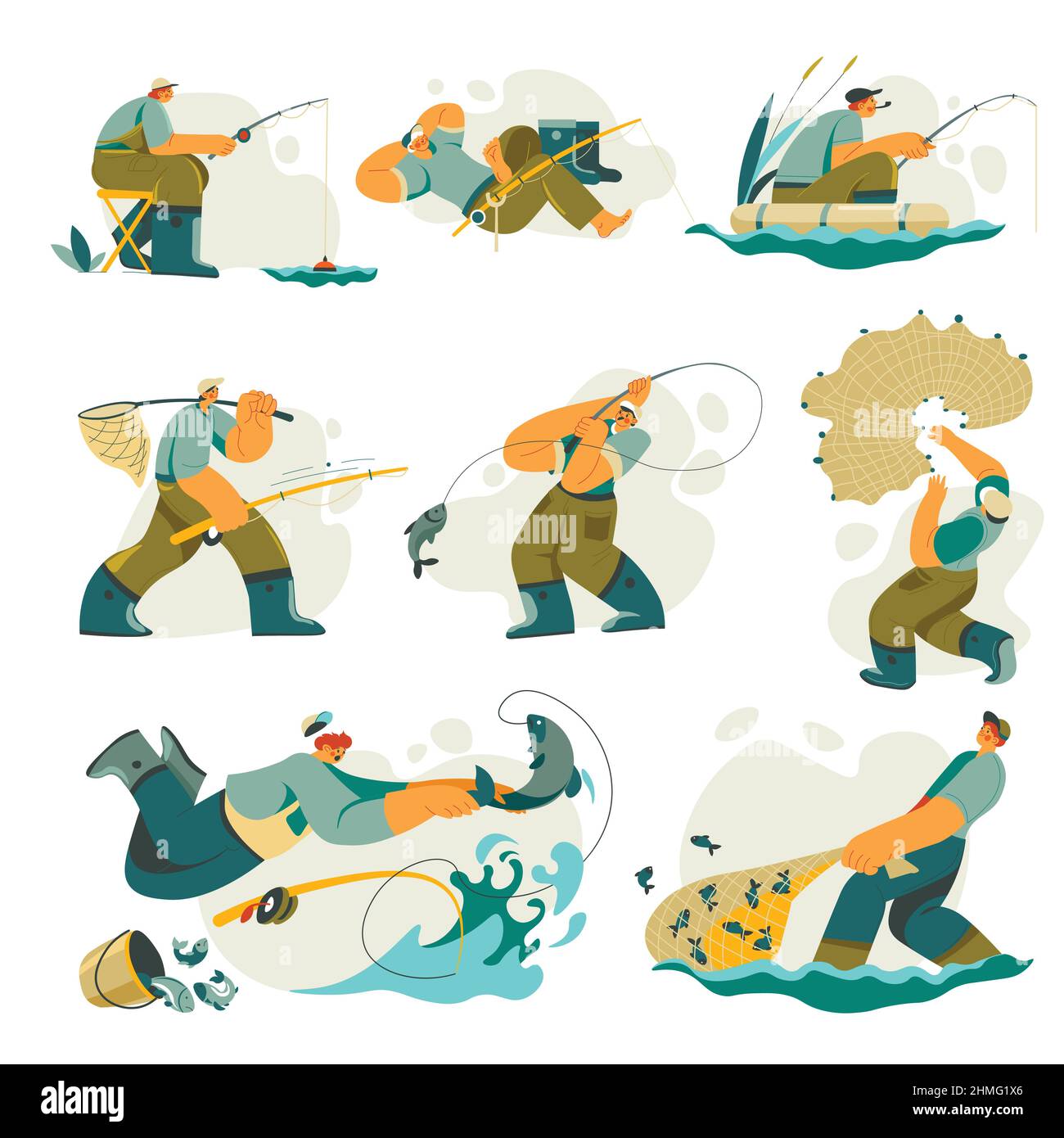 Fishing man with rod and net catching fish vector Stock Vector Image ...