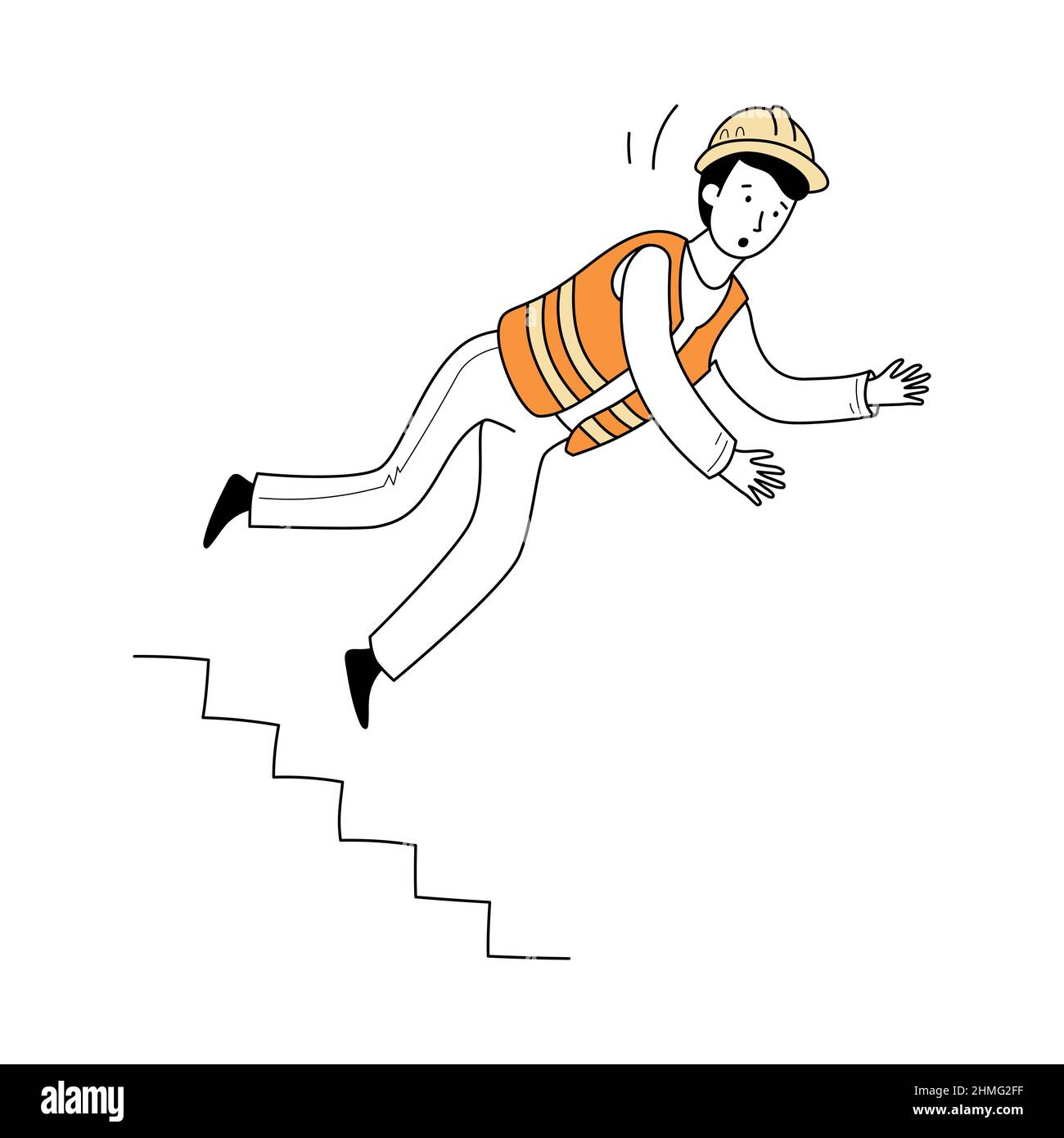 Injured worker fall accident. Line drawn doodle style character. Man ...