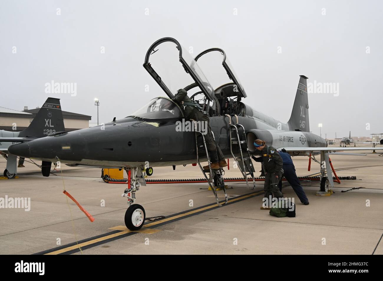 Two U.S. Air Force pilots prepare a T-38 Talon for take-off on the ...