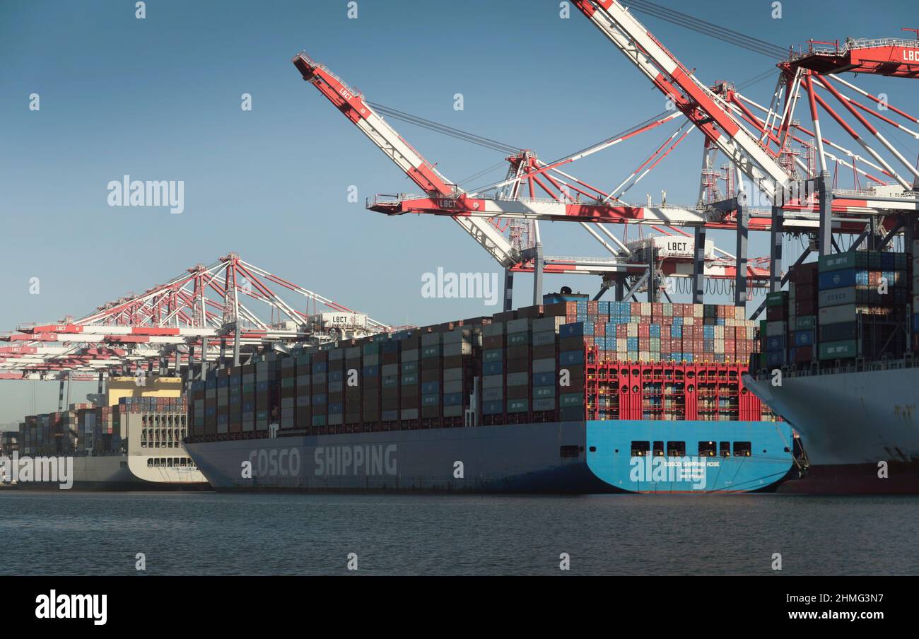 Ships sit at the pier at the Port of Long Beach, Calif., as U.S ...