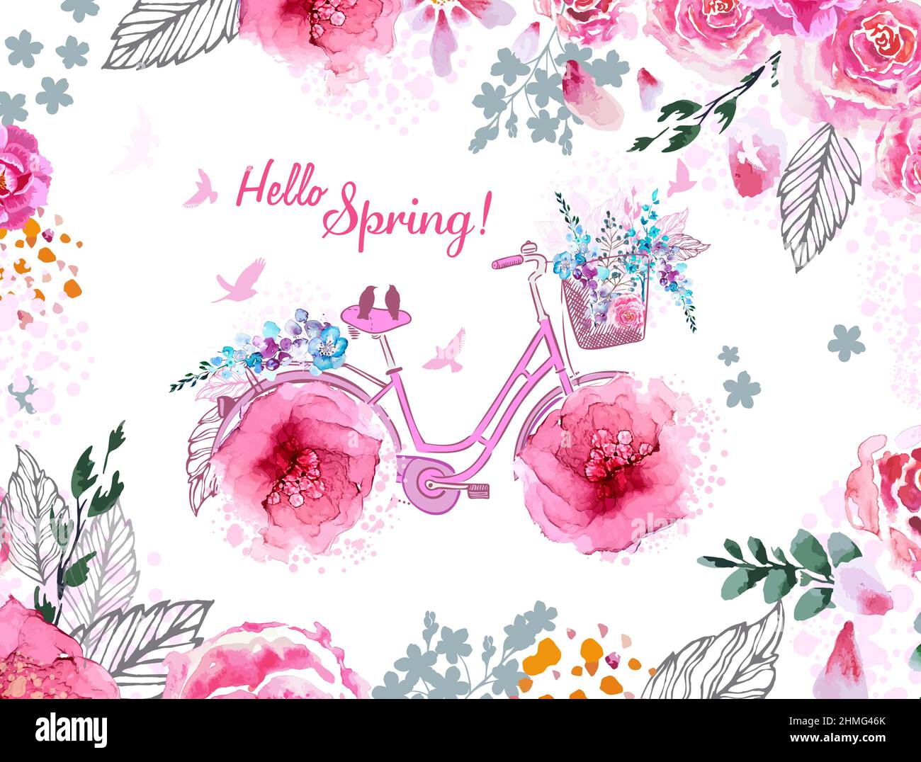 Hand drawing print design. Bicycle with flowers wheels. Hello Spring ...