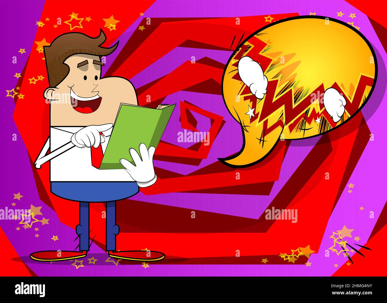 Simple retro cartoon of a businessman reading and pointing at an opened ...