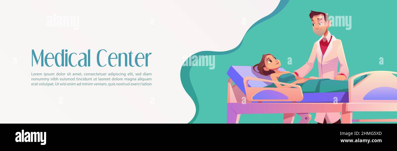 Medical center cartoon banner, doctor stand at patient bed at hospital ...
