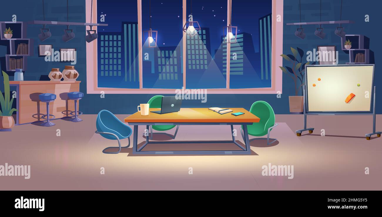 Night office, coworking space interior, business center with computer ...