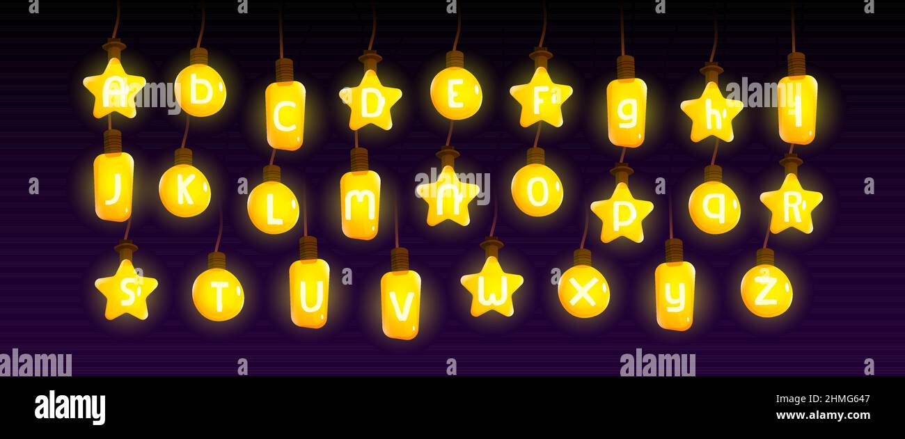 Light bulb font alphabet, cartoon sans serif characters inside of ...