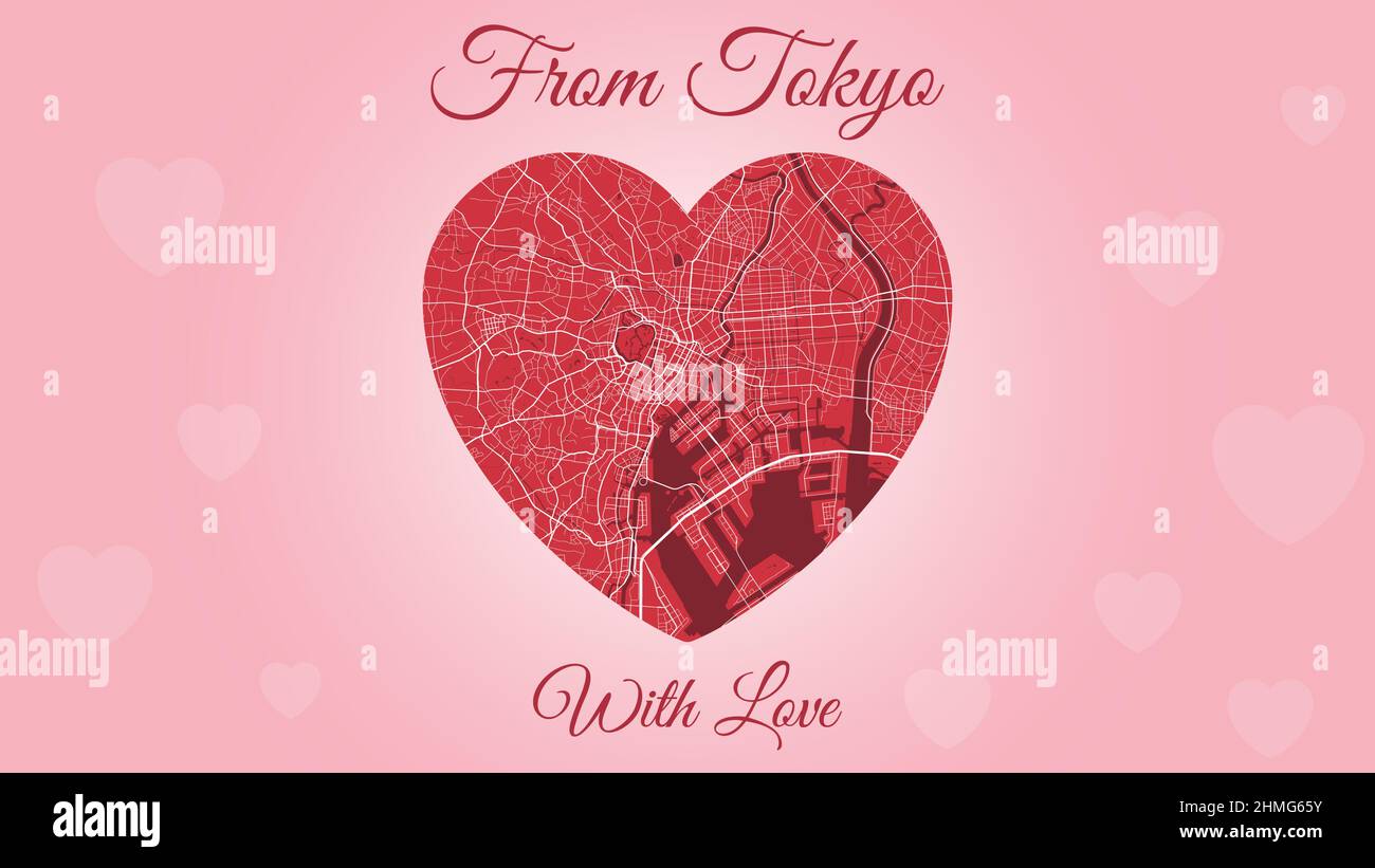 From Tokyo with love card, city map in heart shape. Horizontal Pink and ...
