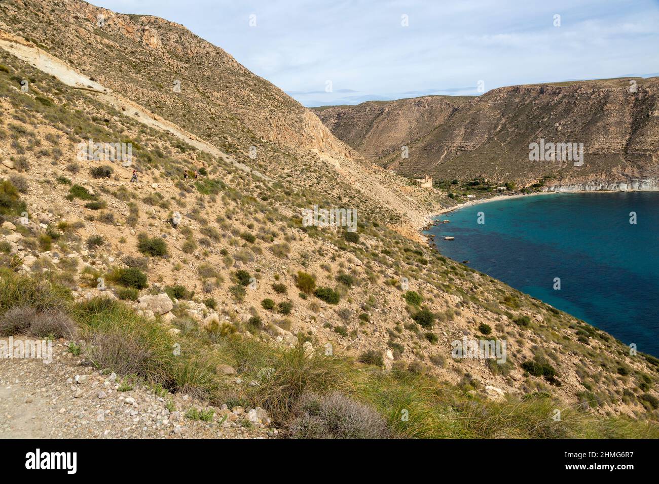 Castle, buildings and beach Cala de San Pedro, Cabo de Gata Natural ...