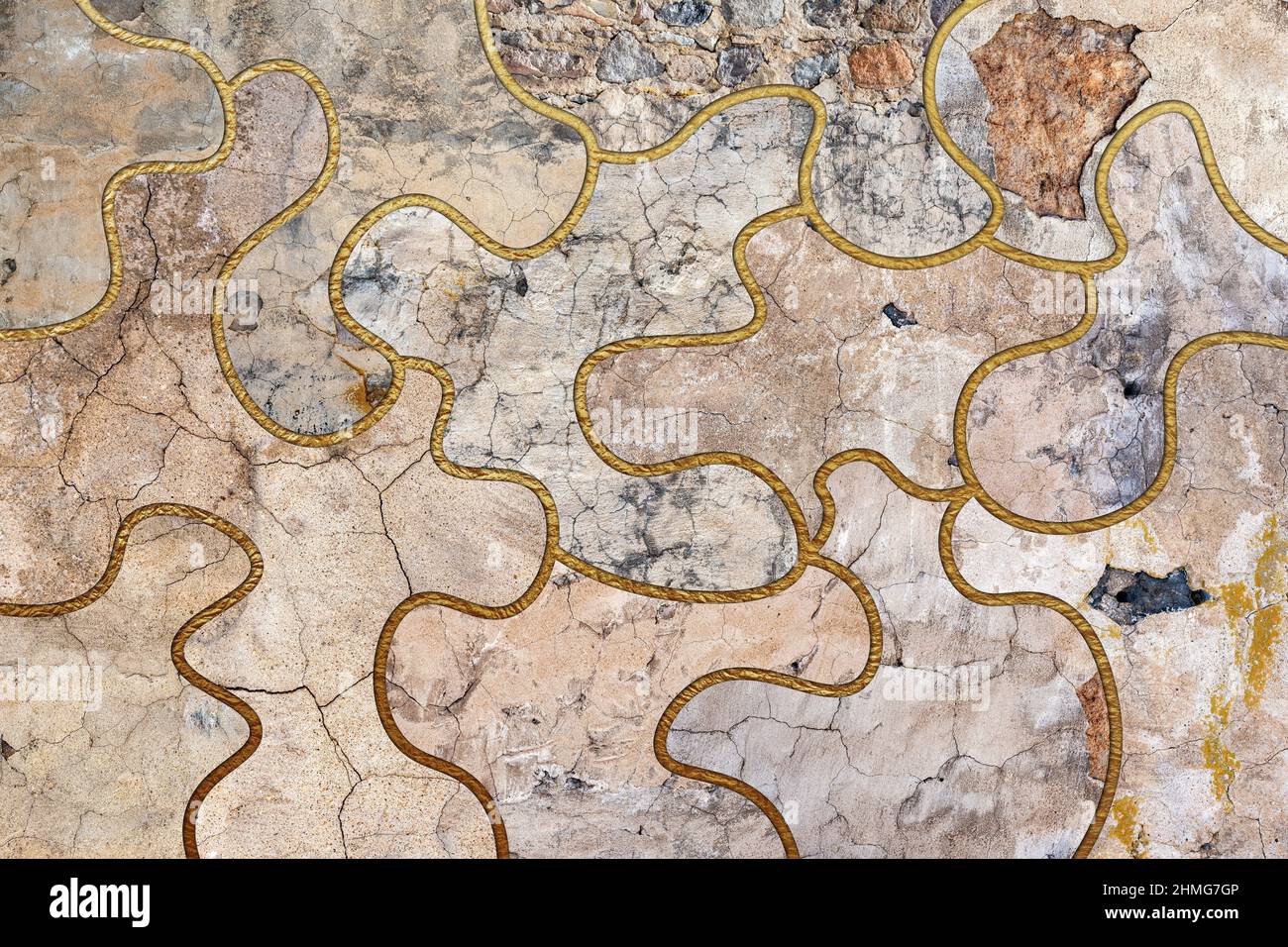 Old, faded and cracked wall collage with golden frames. Concrete ...