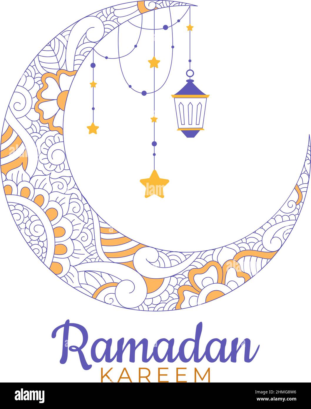 Ramadan Kareem with Mosque, Lanterns and Moon in Flat Background Vector ...