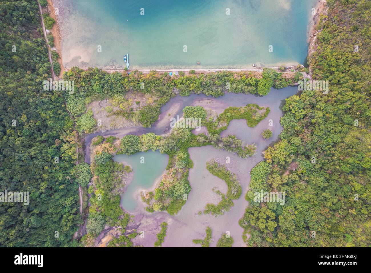 Beautiful top view aerial shot of the wetland in Shan Chung. The remote ...