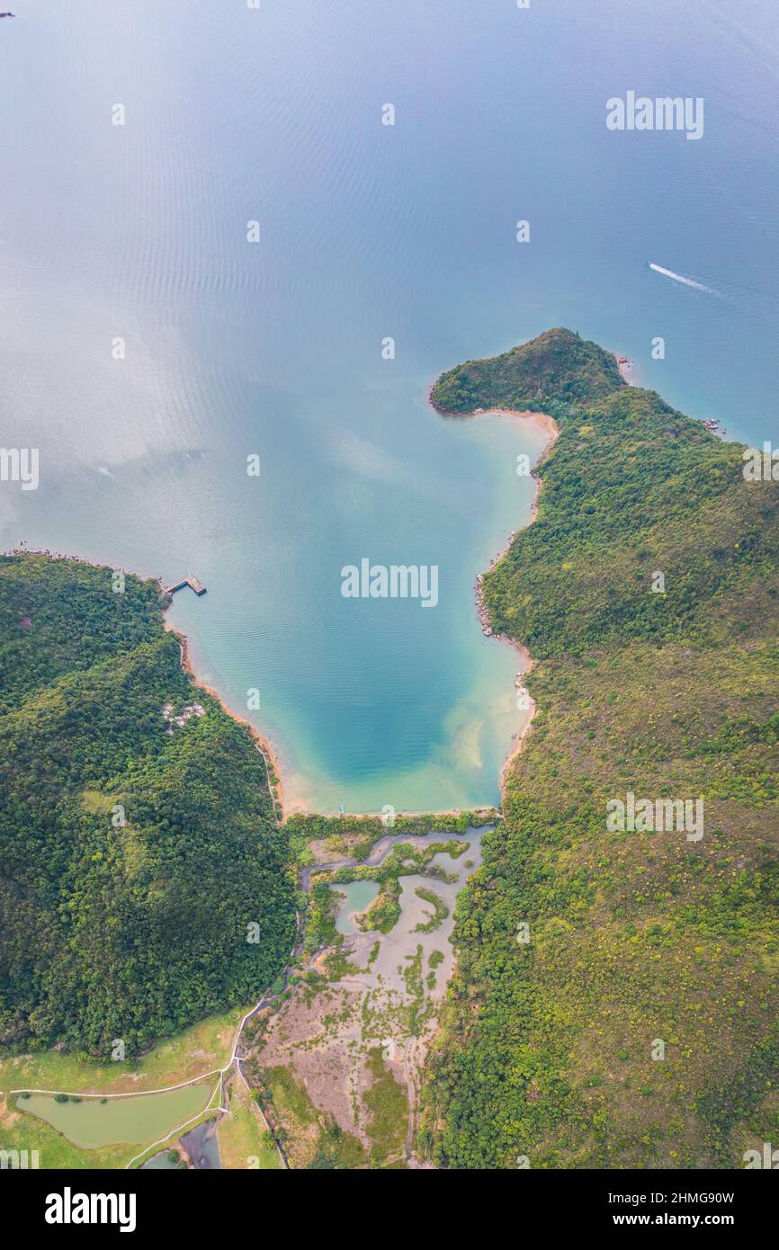 Beautiful top view aerial shot of the wetland in Shan Chung. The remote ...