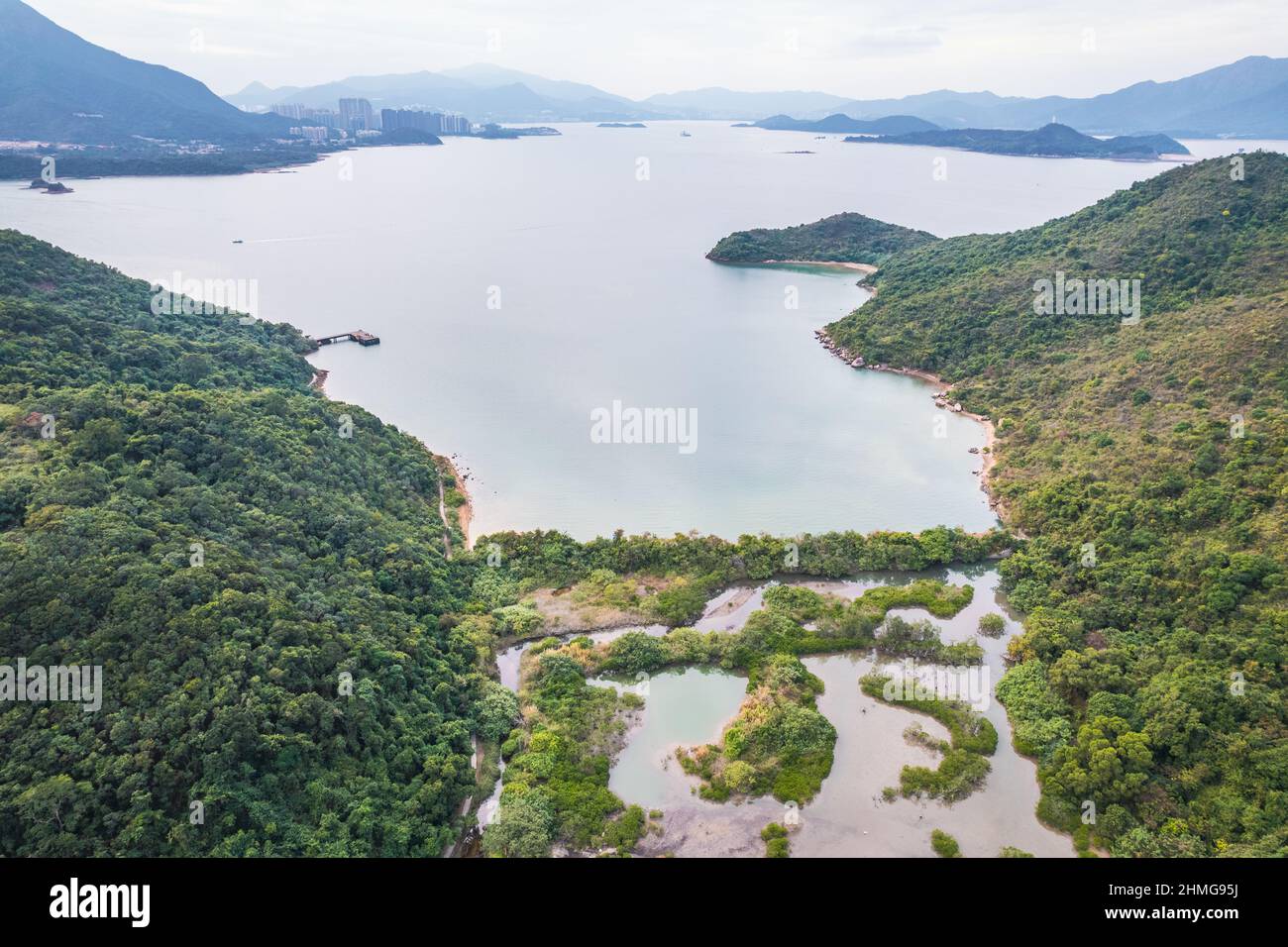 Beautiful top view aerial shot of the wetland in Shan Chung. The remote ...