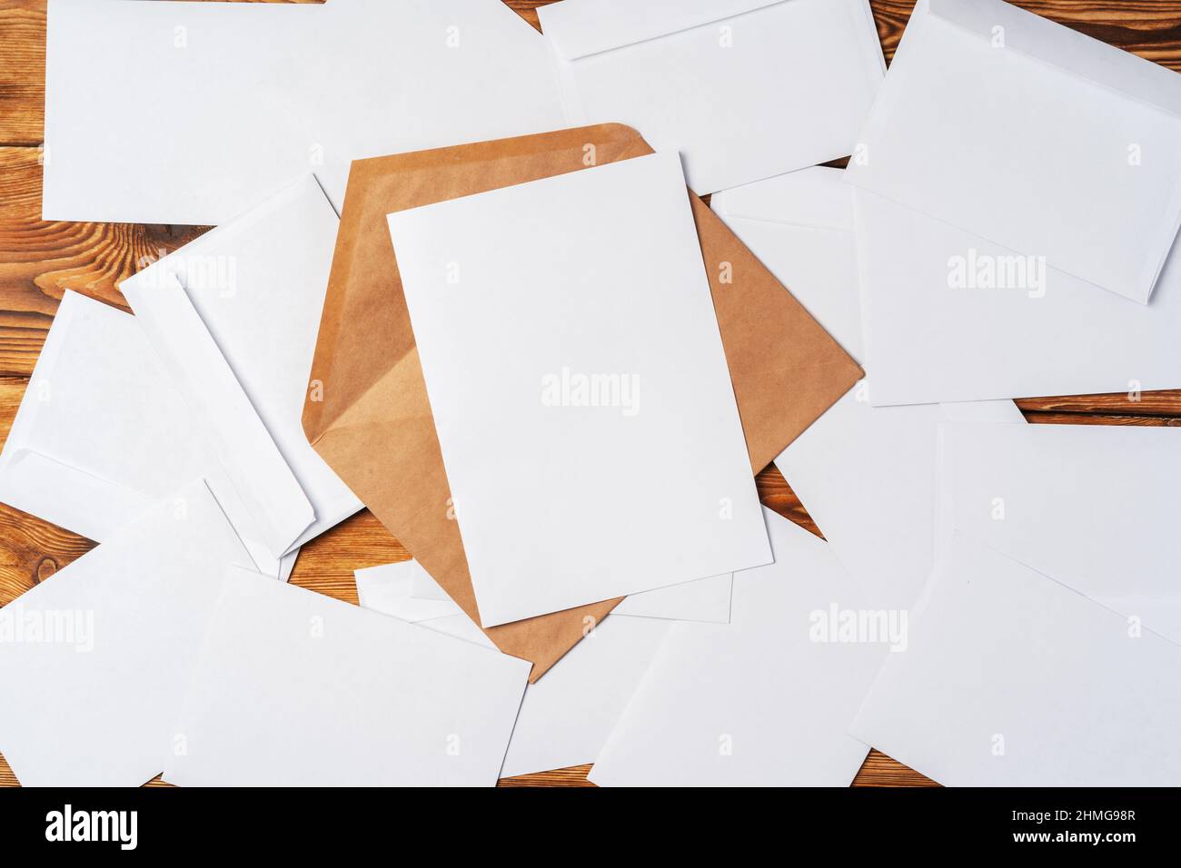 Stack of envelopes on working desk top view. Business mail Stock Photo ...