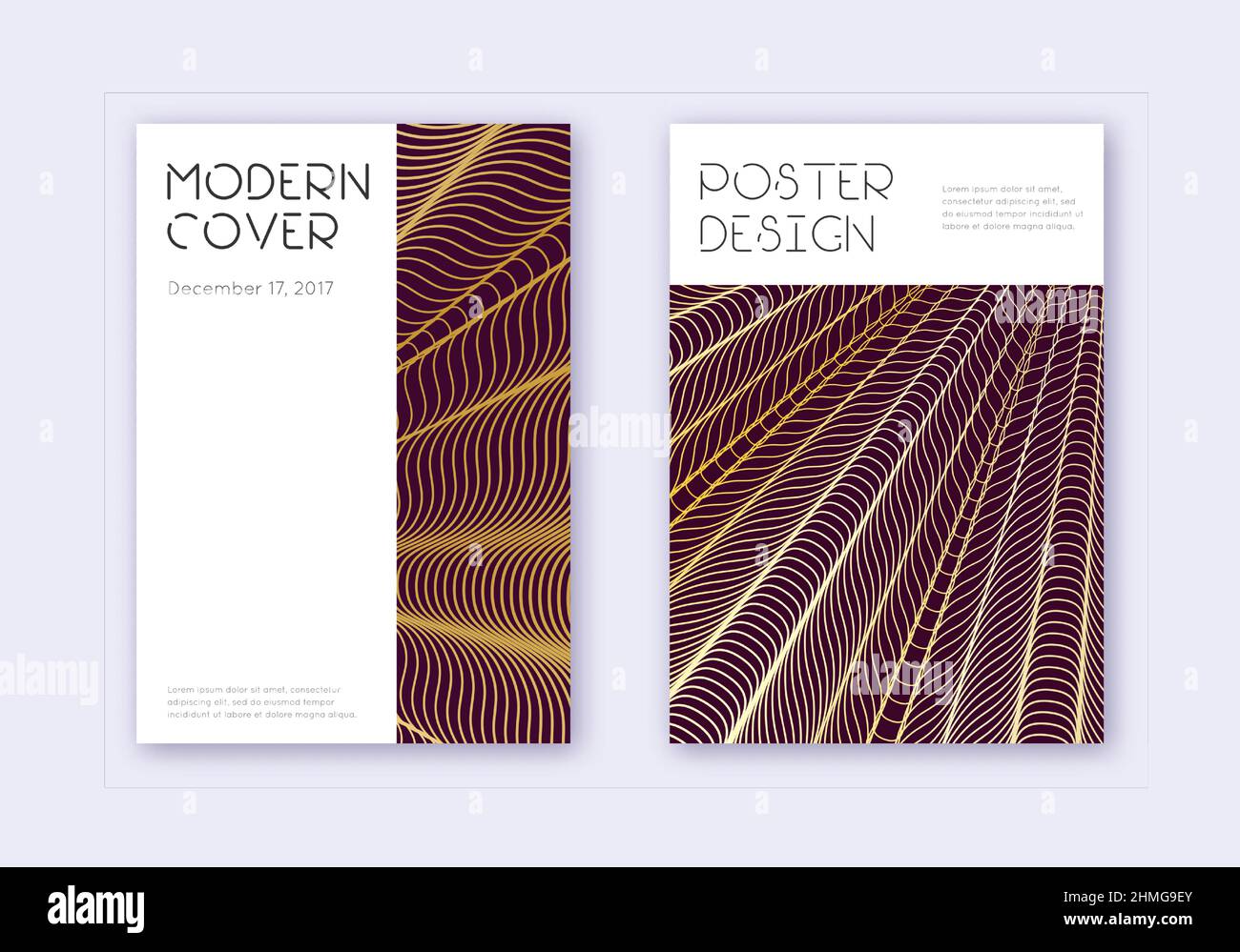 Minimal cover design template set. Gold abstract lines on maroon ...