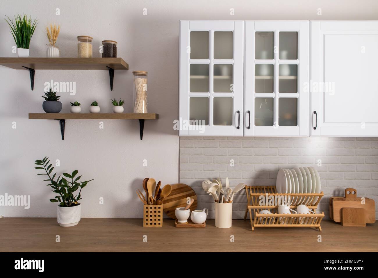 front view of a modern kitchen countertop with homemade cooking ...