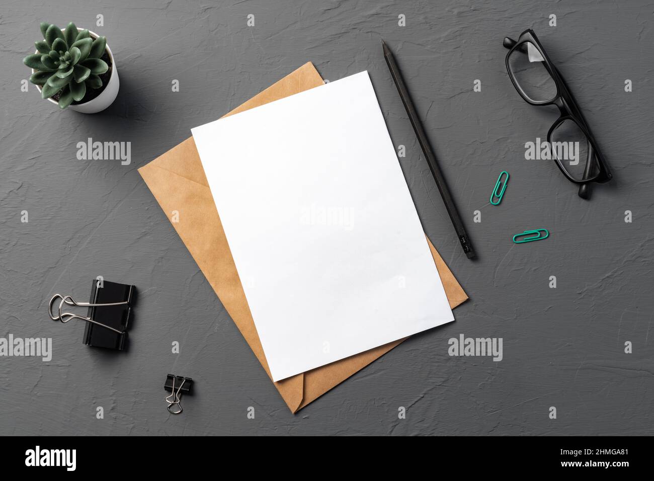 Letters and Office Supplies on Table Desk. Top View Stock Photo - Alamy